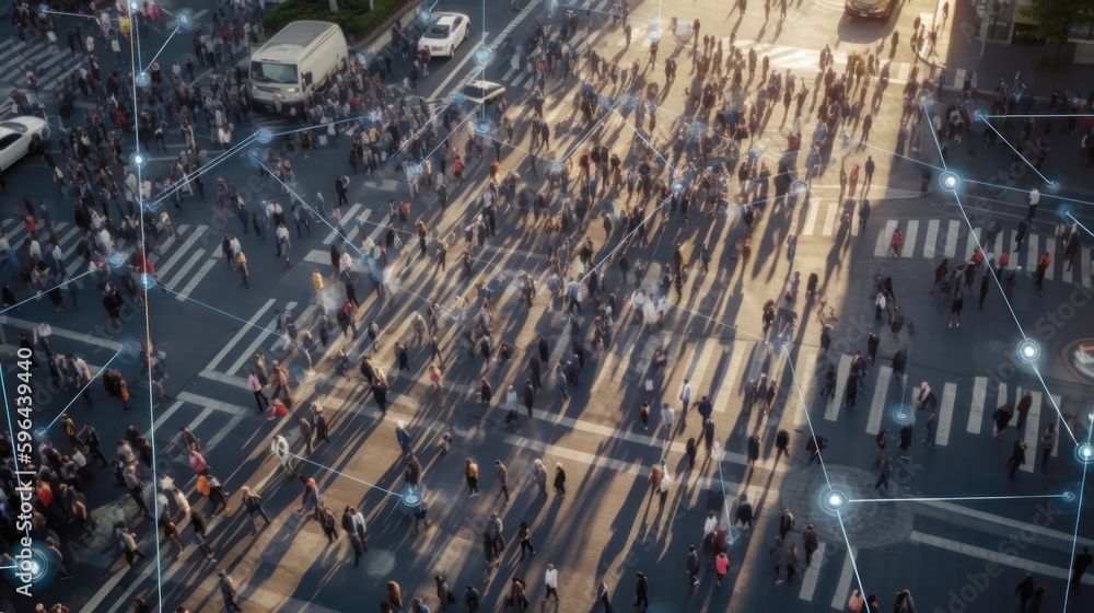 AI generated, crowd of people walking along busy urban city streets ...