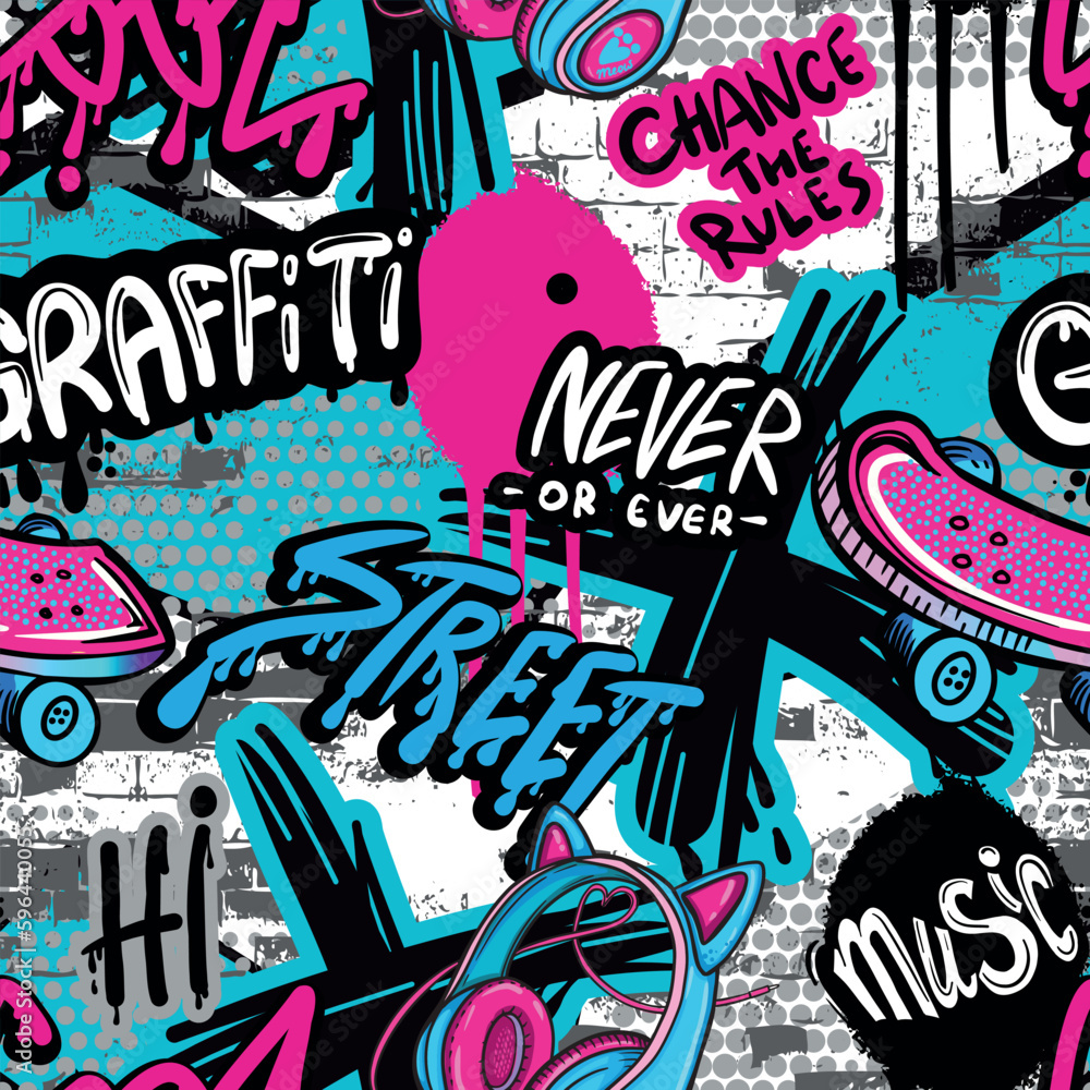 Abstract bright graffiti pattern. With bricks, paint drips, words in ...