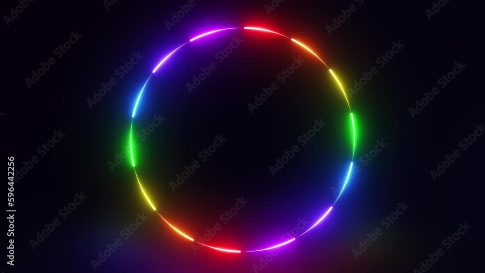 Glowing neon circle spinning loop animation on black background with ...