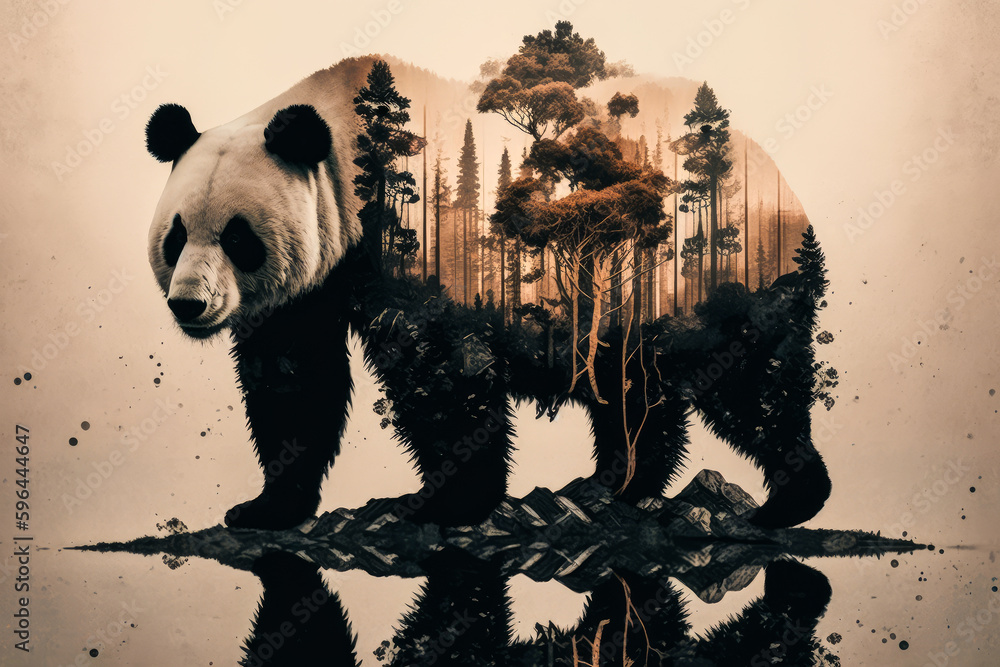 Double exposure artwork of a panda walking through a forest in earthy ...