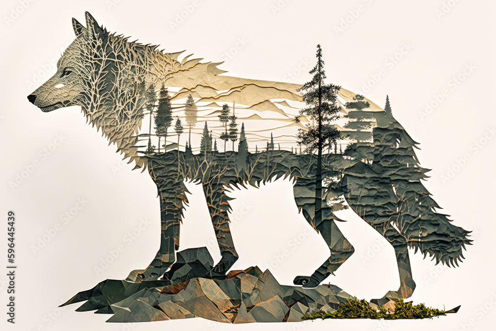 Double-exposure photo depicting a wild wolf in a forestpunk style ...