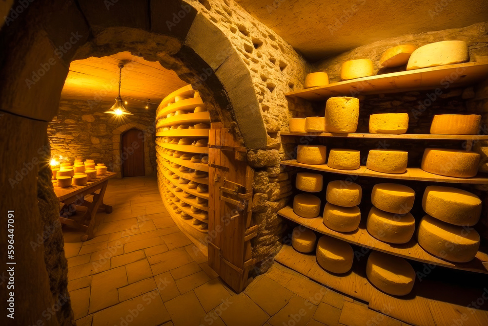 A traditional French cave showingcasing an artisanal cheese-aging ...