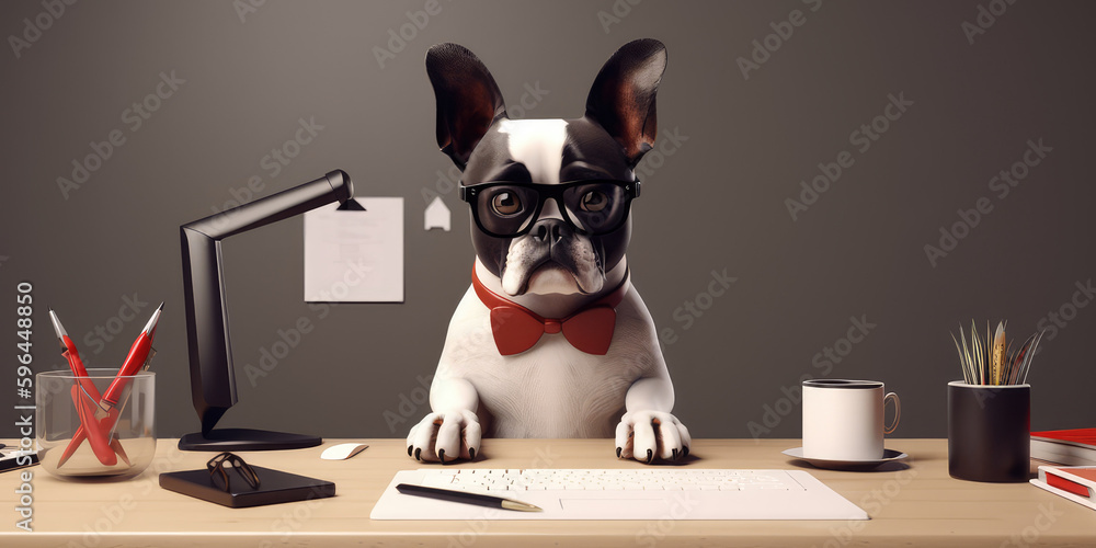 Serious HR dog with red bowtie sitting at the office with keyboard and ...