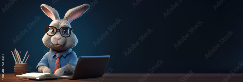 professional fluffy rabbit wearing glasses and tie working at the table ...