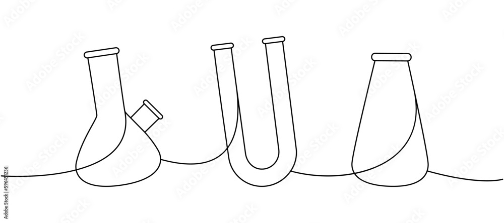 Lab glassware one line continuous drawing. Buchner flask, glass U tube ...