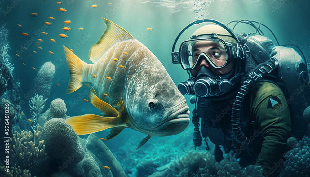 Underwater world, beautiful fish, scuba diver, realistic photo, clear ...