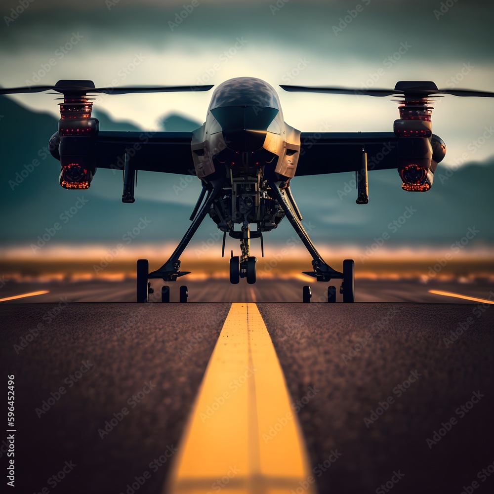 fixed wing drone reaper taking off from airport runway with control ...