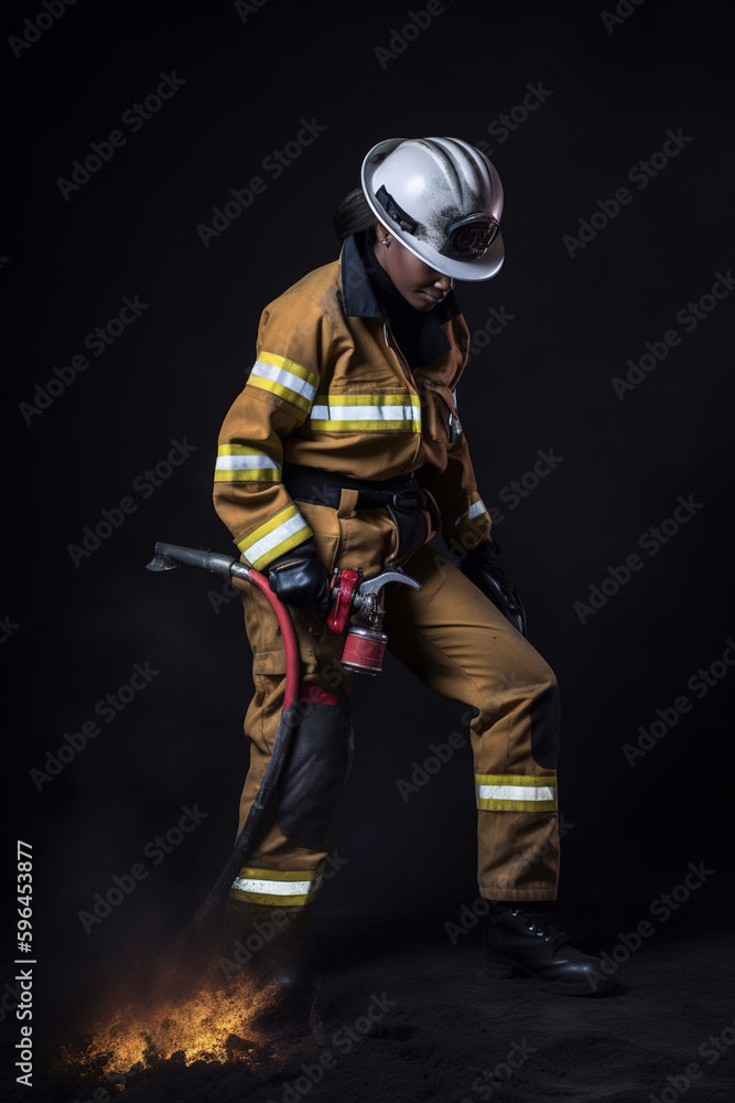 Not real Person. Full body view of a female African firefighter wearing ...