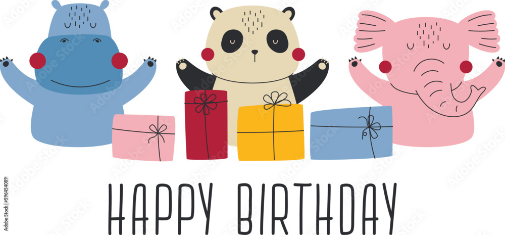 Cute hippo, panda and elephant with gifts. Vector illustration of cute ...