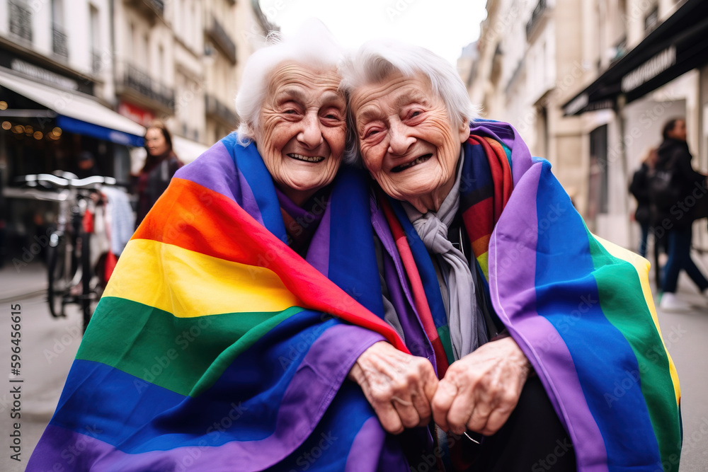 A couple of very elderly grandmother girlfriends embracing happily on ...