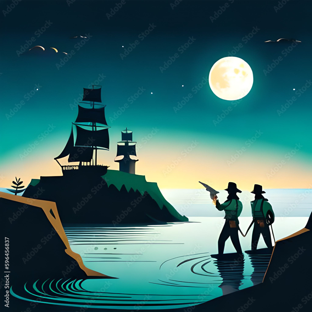 Wizard with a magic wand standing on the ship against the sunset ...