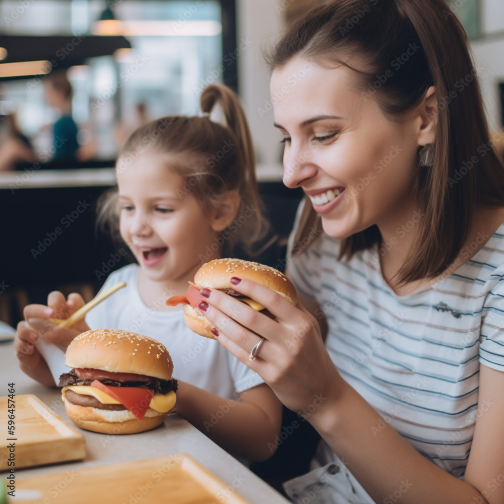 ภาพประกอบสต็อก Mom and daughter eating tasty burgers in fast food cafe ...