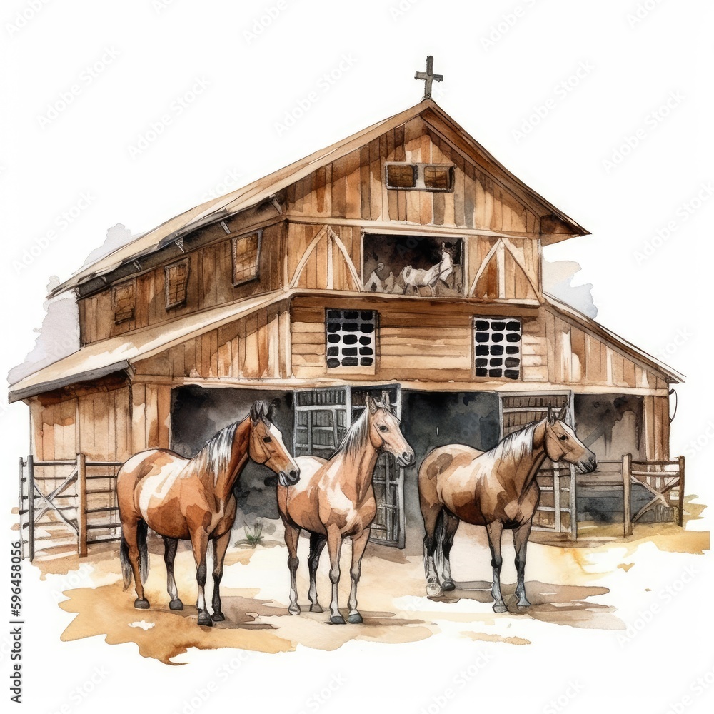 Equestrian Art - Watercolor Horse Stables on a Clean White Background ...