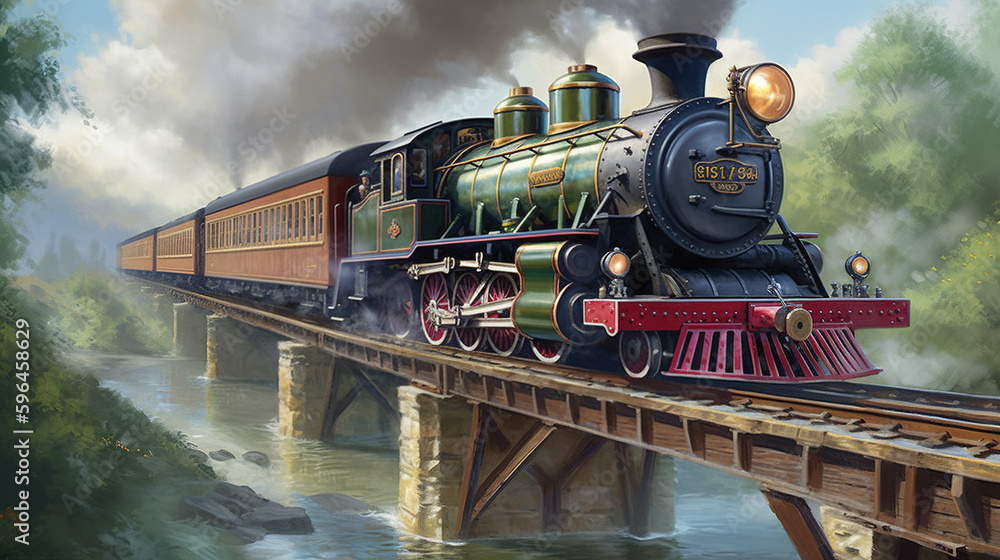 a steam train crossing a bridge over a river, steam trailing behind ...