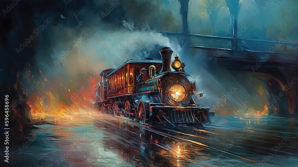 a steam car crossing a bridge over a river, steam trailing behind ...