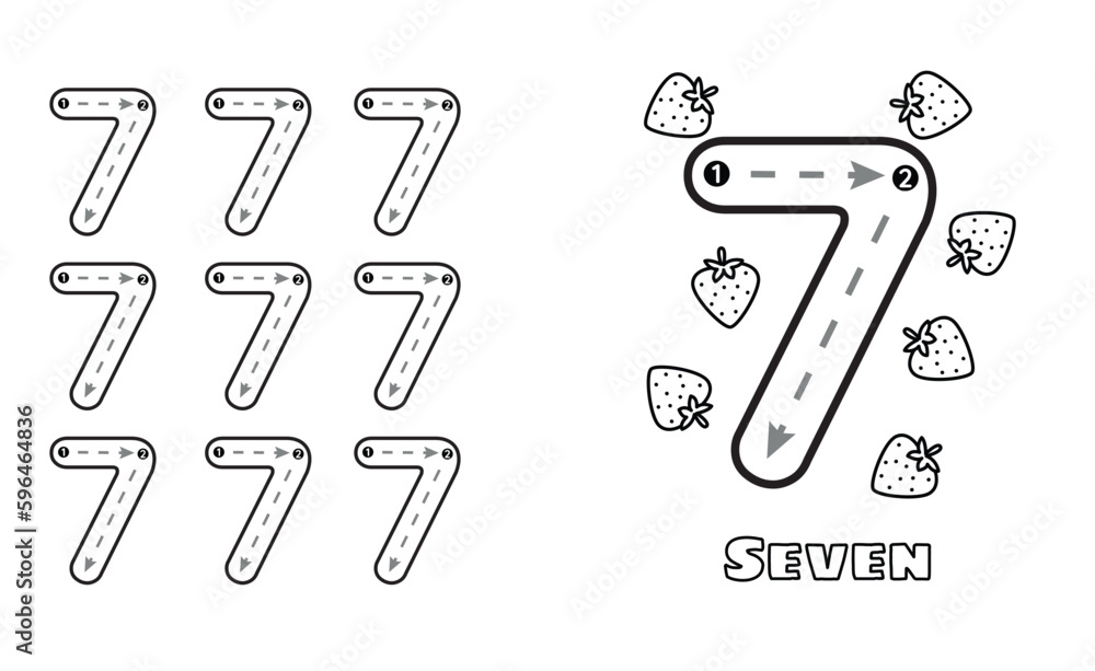 Number Seven trace practice worksheet for prek kids and toddlers ...