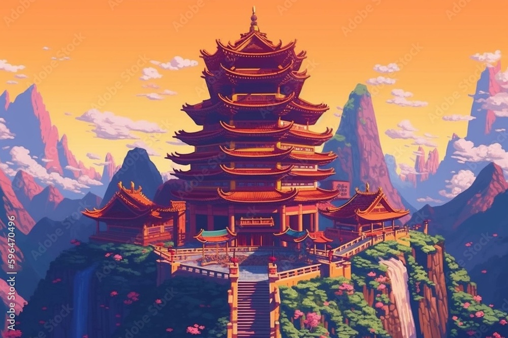 Pixel art Chinese temple amidst mountains. Digital illustration in AI ...