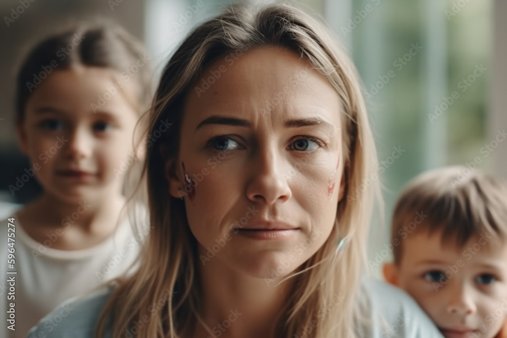adult woman is a mother, has injuries on her cheek on her face ...