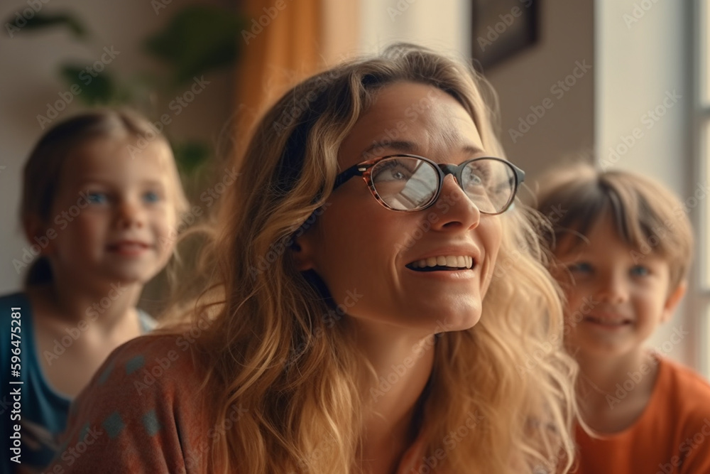 mature mother at home with her children, enjoying the time and having ...