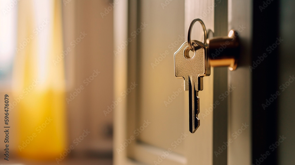 Opening door with golden house key chain on fuzzy interior background ...