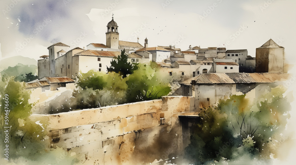 Ilustrace „Baeza watercolor. Spain. painting of a beautiful Spanish ...