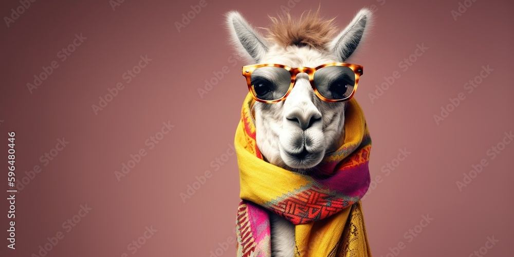 llama wearing patterned scarf and sunglasses, posed against a simple ...