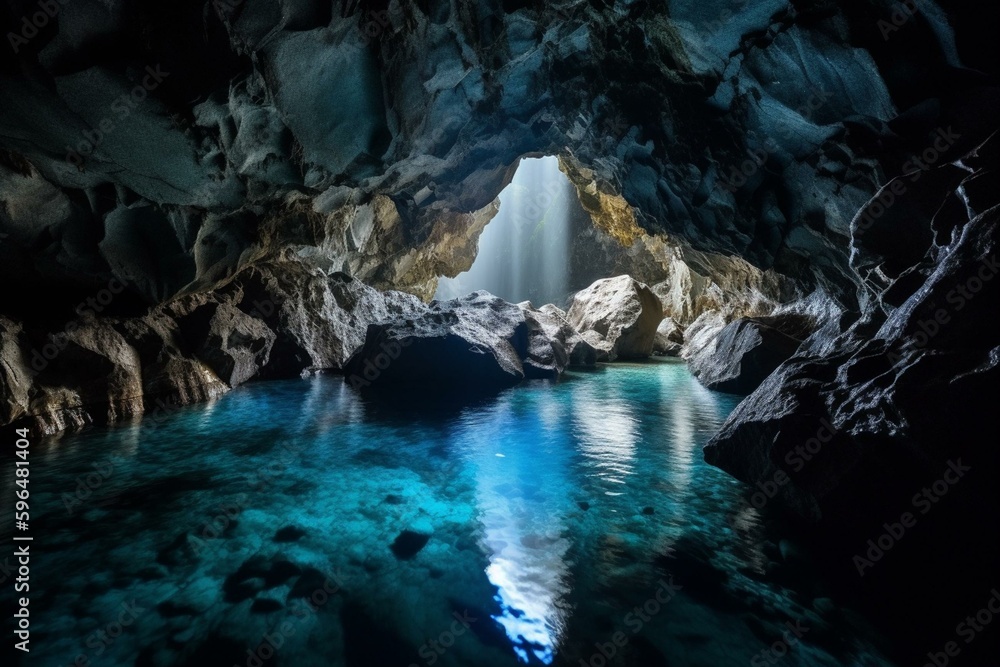 A stunning cave filled with breathtaking bright blue water. Generative ...