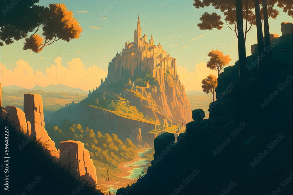 clear view of distant medieval disney castle on a far distant high hill ...