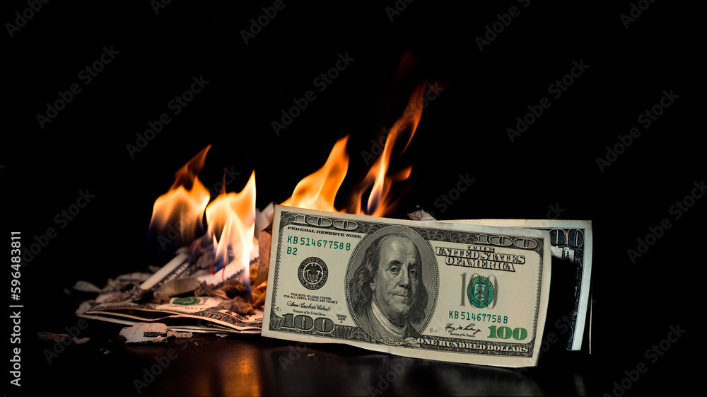 Hundred dollar bill burning in close-up over black background, Burning ...