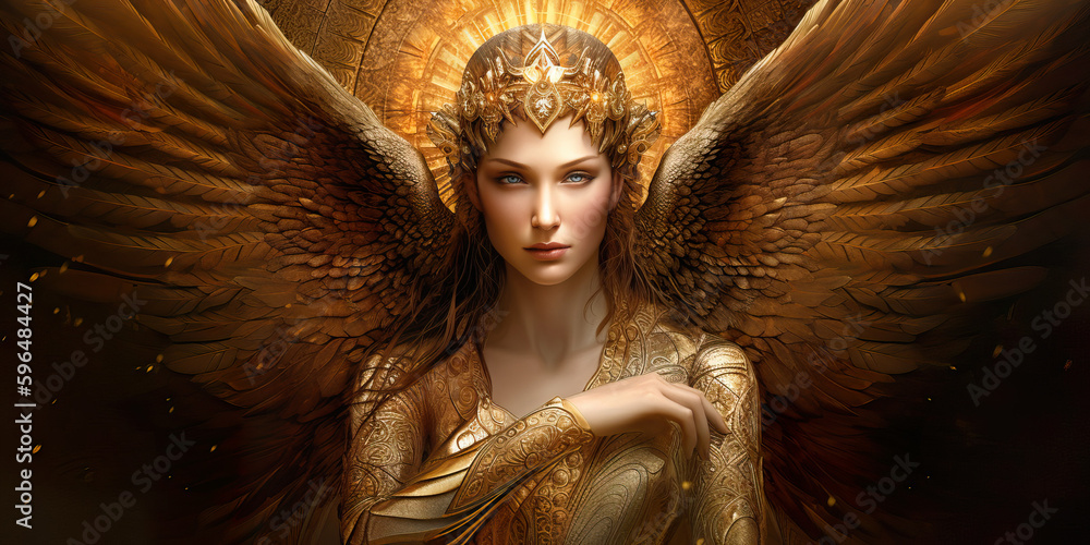 Golden-winged angel in hyperrealistic fantasy style, with intricate ...