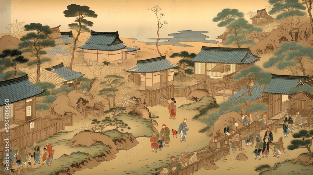 This Japanese old painting depicts a bustling feudal cityscape, where ...