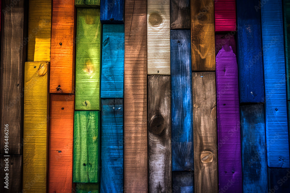 Vibrant mural of rainbow wood planks with visible wood grain ...