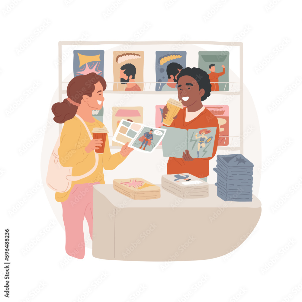 Comics shop isolated cartoon vector illustration. Hanging out at book ...