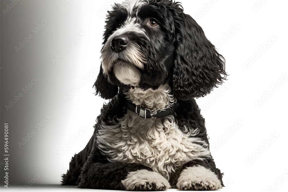 White background a black and white cockapoo full body sat down the dog ...