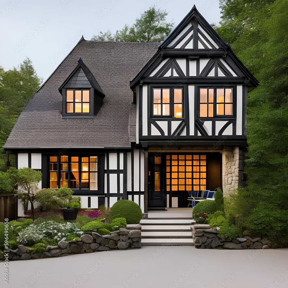 7 A Tudor-style house with a steeply pitched roof and decorative half ...