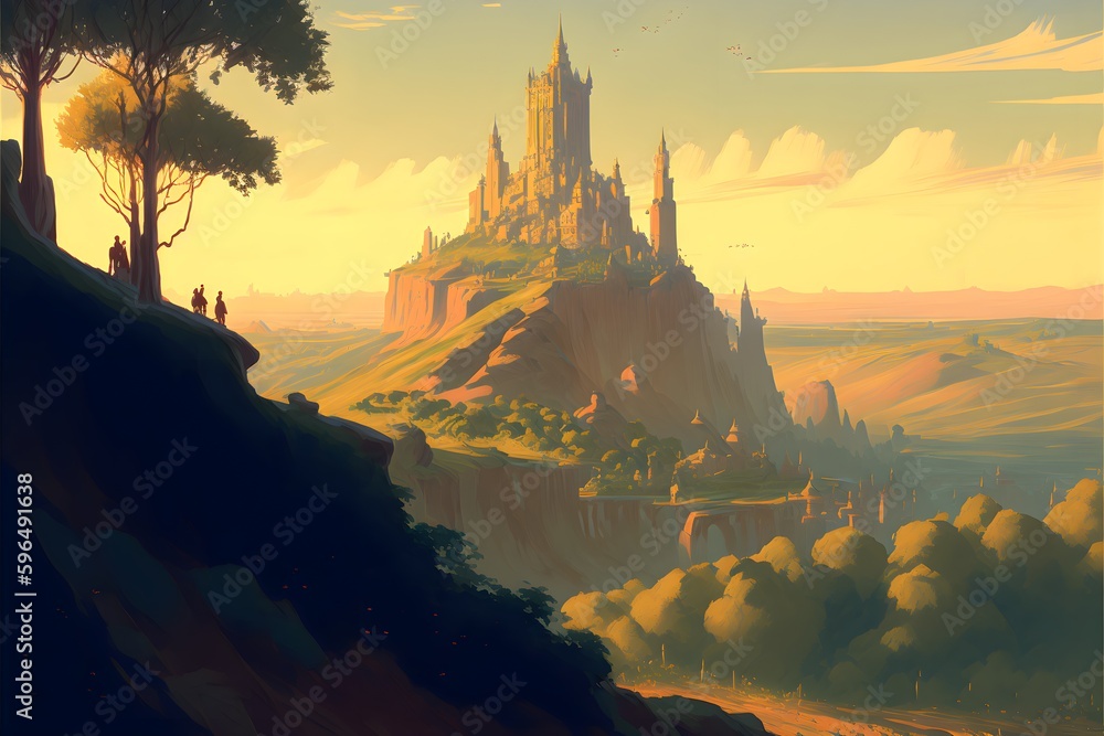 distant medieval disney castle with pointy towers on a far distant high ...