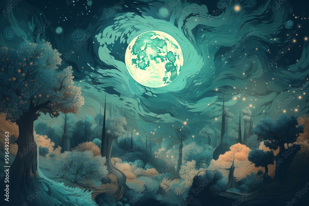Illustration inspired by Vincent Van Gogh's Moonlit Night. Glowing moon ...