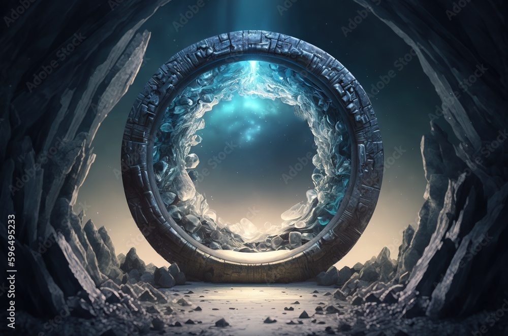 A raster artwork of a teleportation gateway in a dimly lit stone circle ...