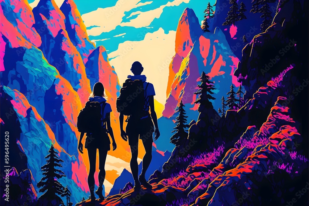 Hikers man and woman won a trail looking to go off trail layered paper ...