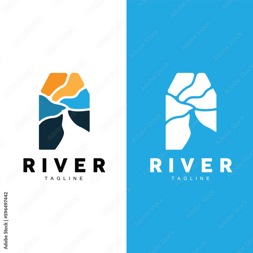 River Logo, Streamer Vector, River Bank, Mountains And Farm Design ...