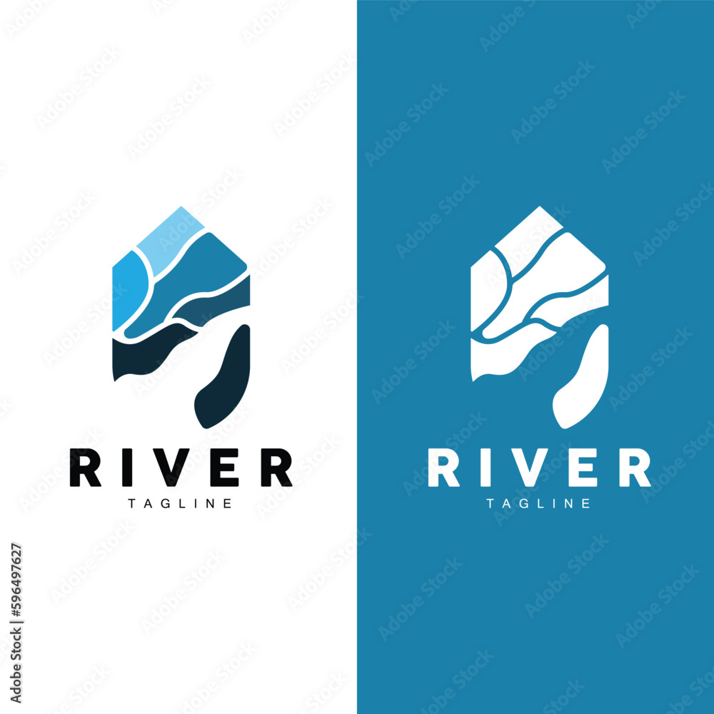 River Logo, Streamer Vector, River Bank, Mountains And Farm Design ...