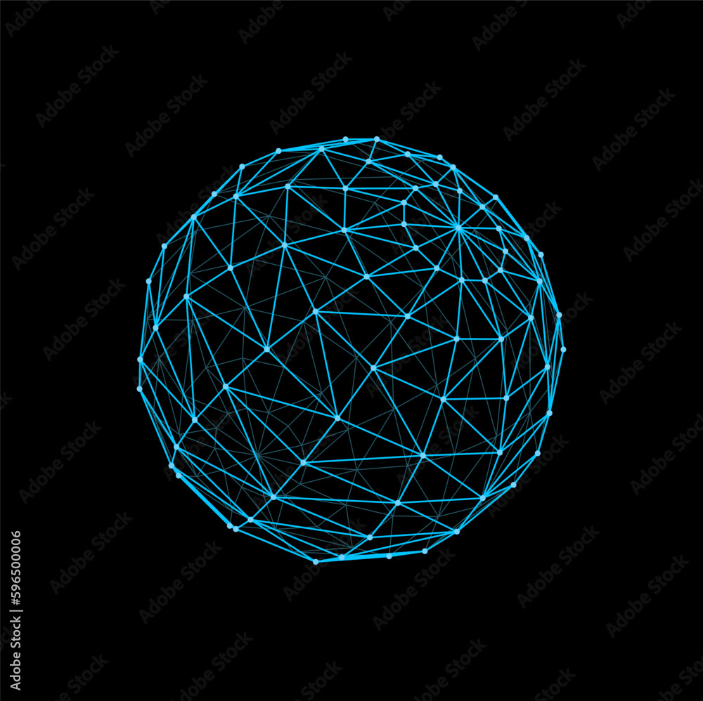 3d futuristic ball, wireframe sphere shape. Virtual mesh model ...