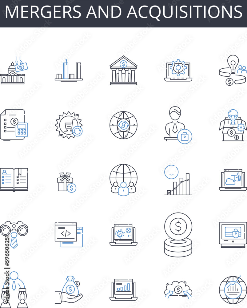 Mergers and acquisitions line icons collection. Consolidation ... Mergers and acquisitions line icons collection. Consolidation ...