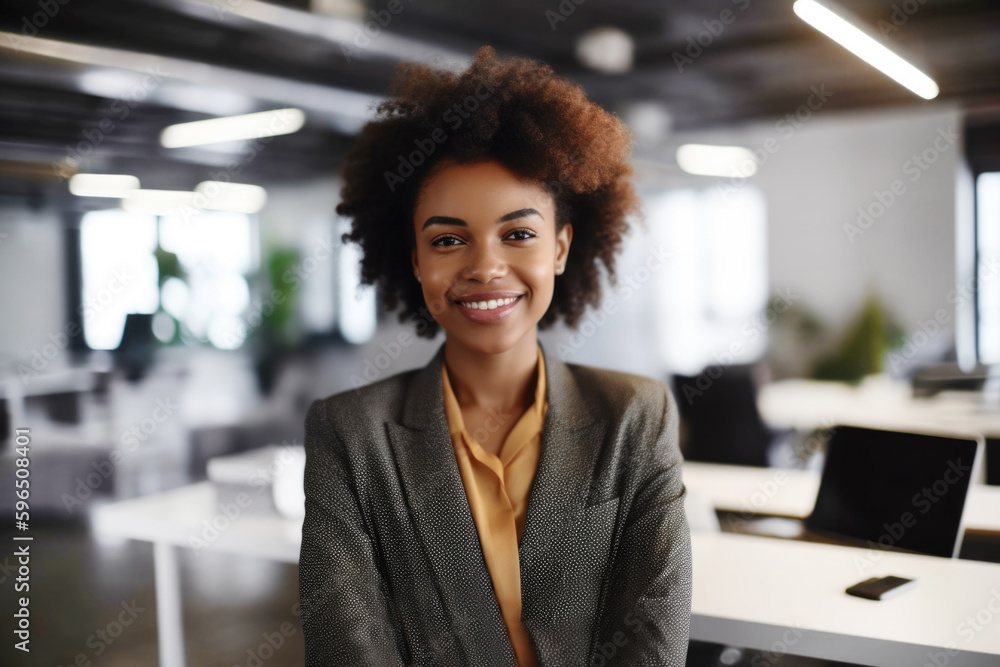 Portrait of happy black business woman at work in modern office. Stock ...