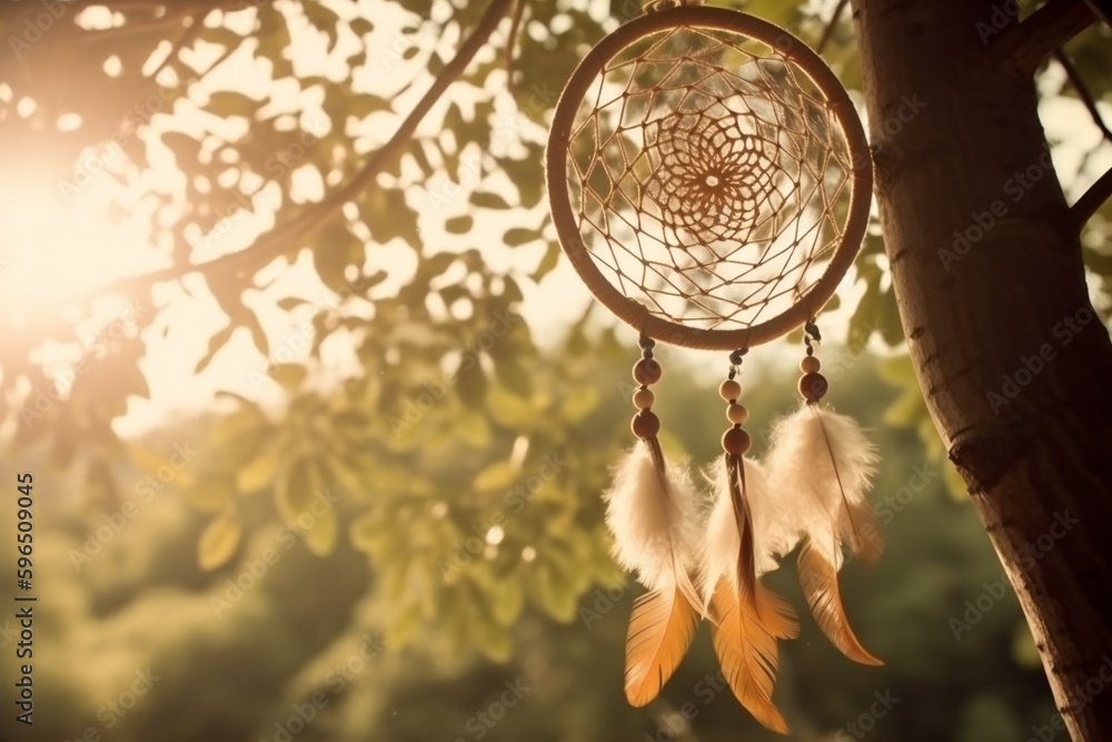 Dream catcher with feathers hanging on a tree during the daylight in ...