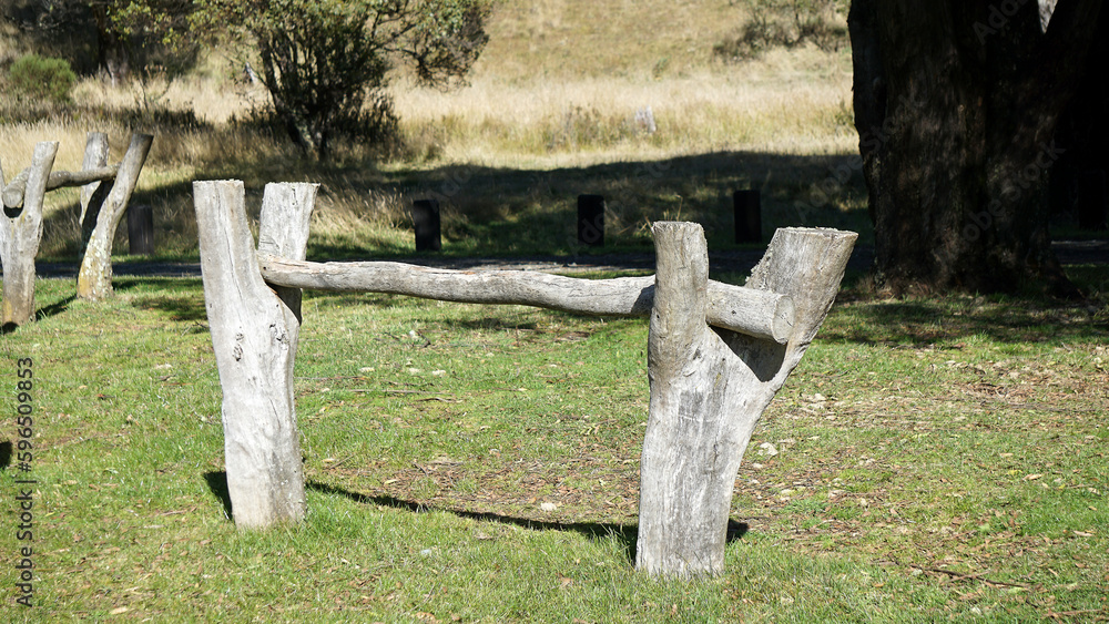 A wooden Horse Hitching rail at Ghost Gully camping ground Kosciuszko ...