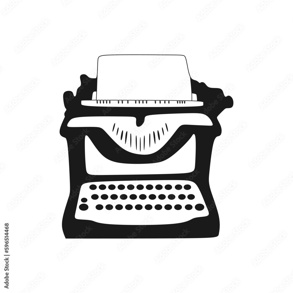 Typewriter icon in black white hand drawn mode. Ancient legendary ...