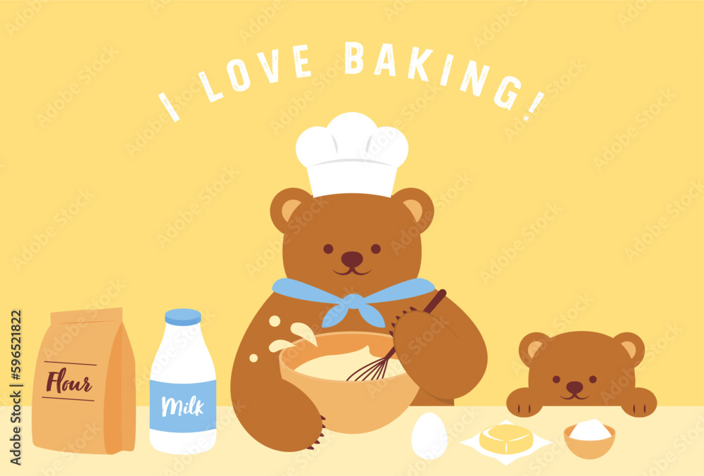 vector background with a teddy bear chef baking for banners, cards ...