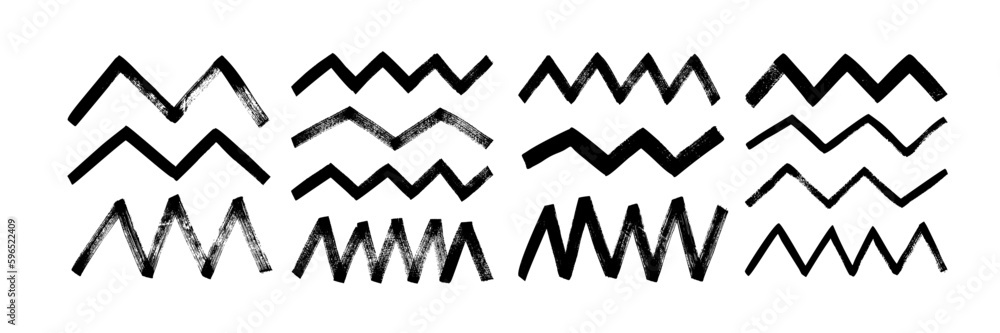 Set of different zigzag bold brush strokes. Black thick and thin zig ...