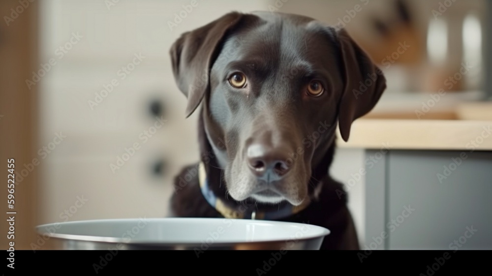Dog is waiting for food in the kitchen, its eyes sad. In his mouth, a ...